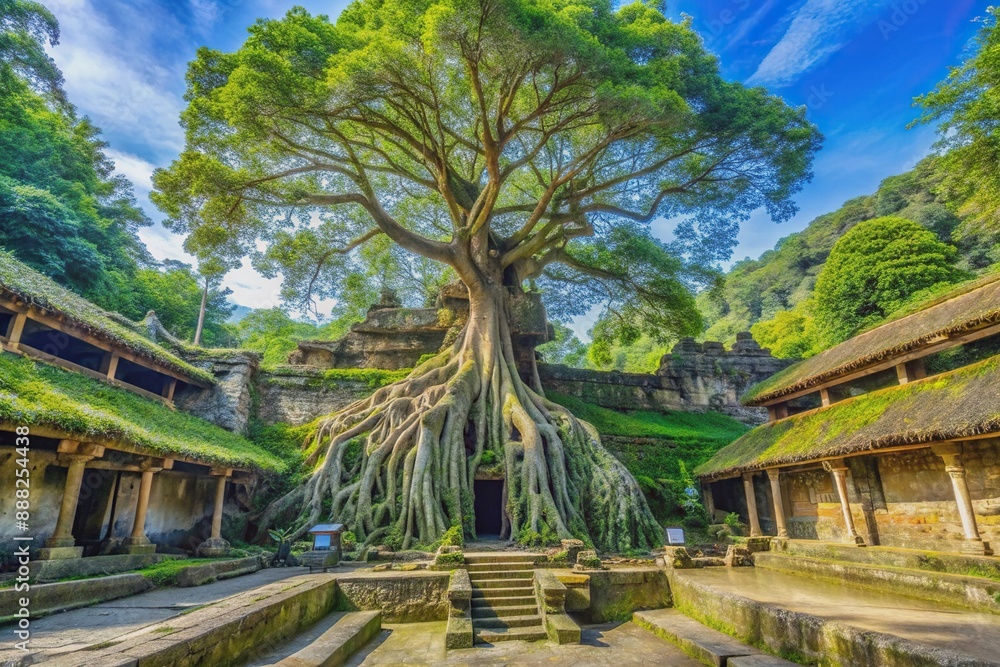 Majestic Ceiba tree at Goa Gajah Cave in Pura Goa Gajah Temple, Bali ...