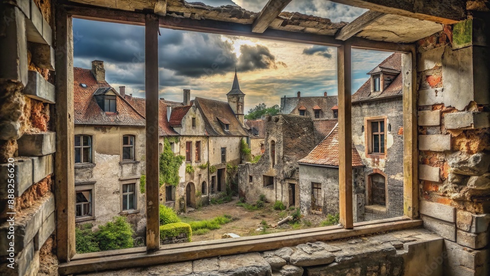 Ruined buildings and courtyard seen through broken window in haunted ...