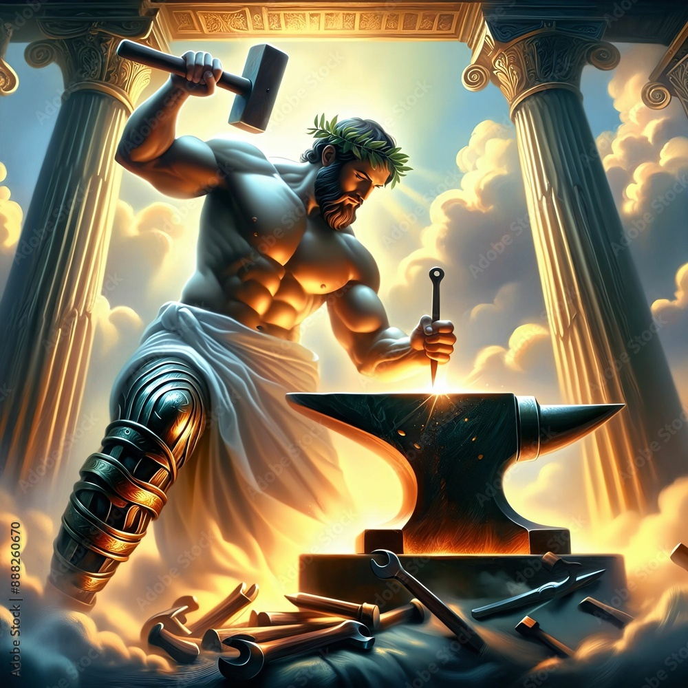 Hephaestus the god with his hammer and anvil. He was cast off Mount Olympus. God of artisans ...