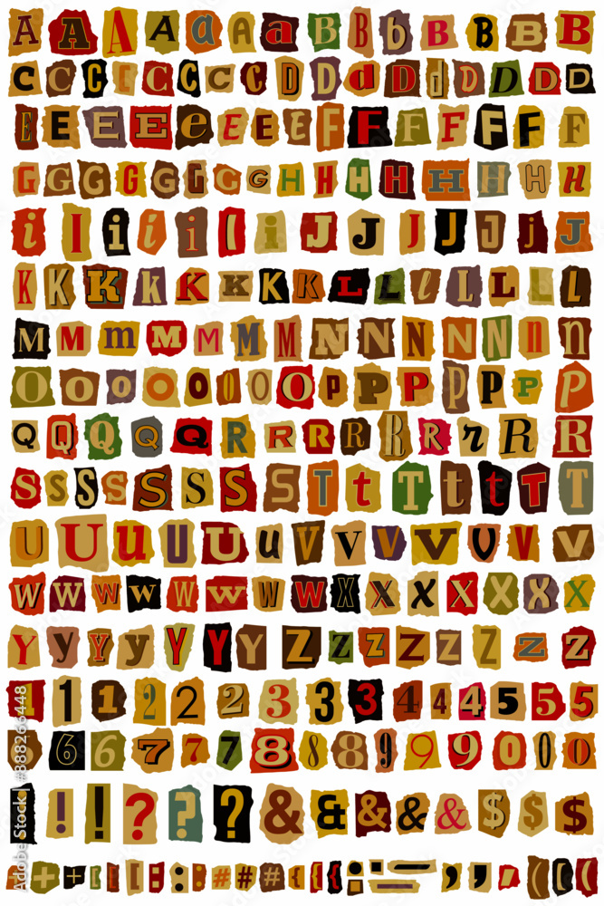 Old Vintage Ransom Letters Paper Collage Cut Out Vector Alphabet ...