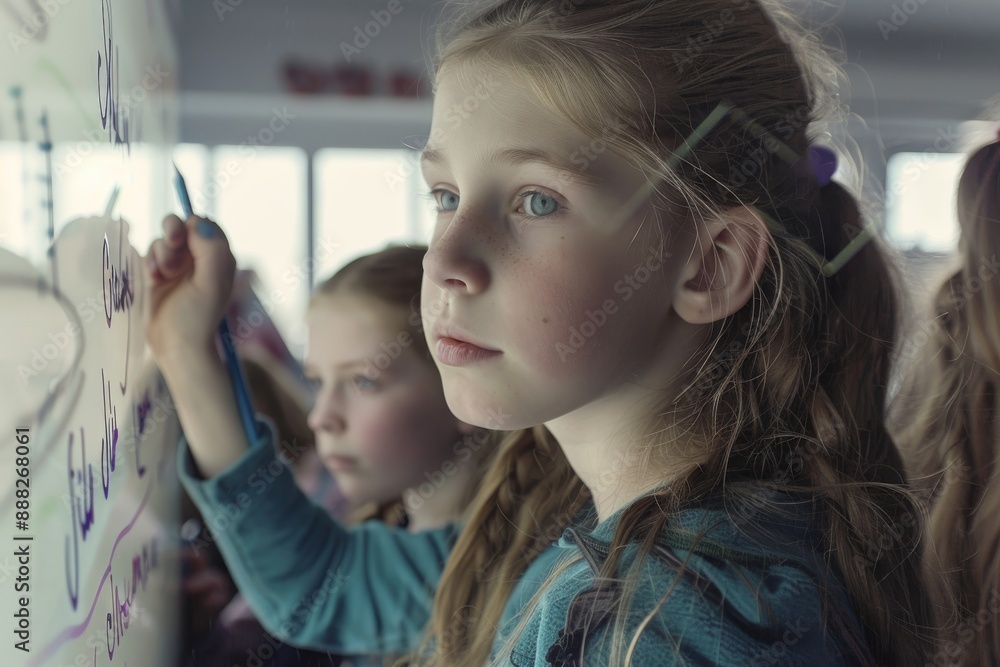 An interactive whiteboard is used during class by female high school ...