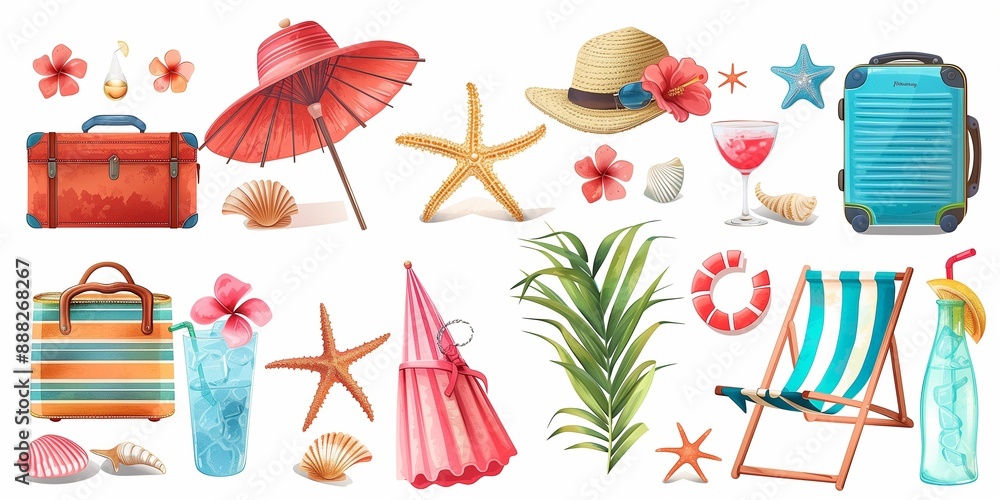 Cartoon beach clipart set, watercolor style cartoon illustration ...