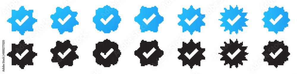 Check mark pixel art icon. Blue check mark. Social media account ...