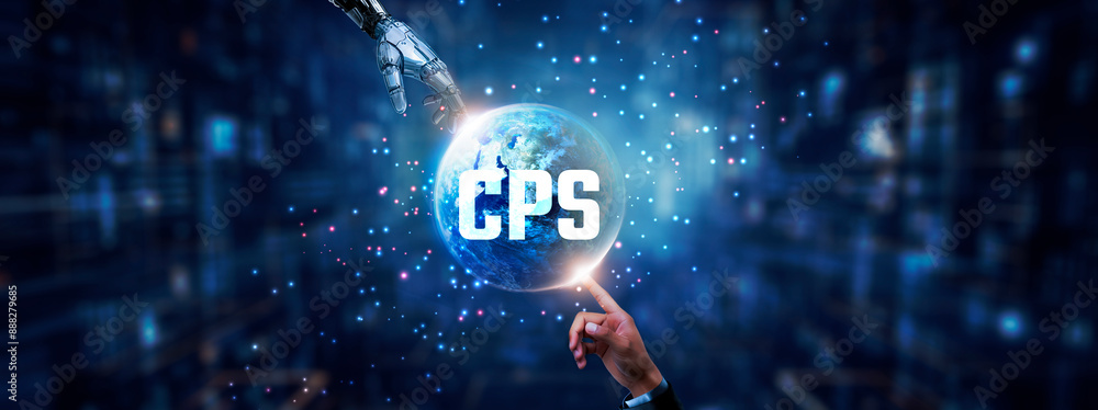 Hands of robot and human touching on CPS global network connection ...