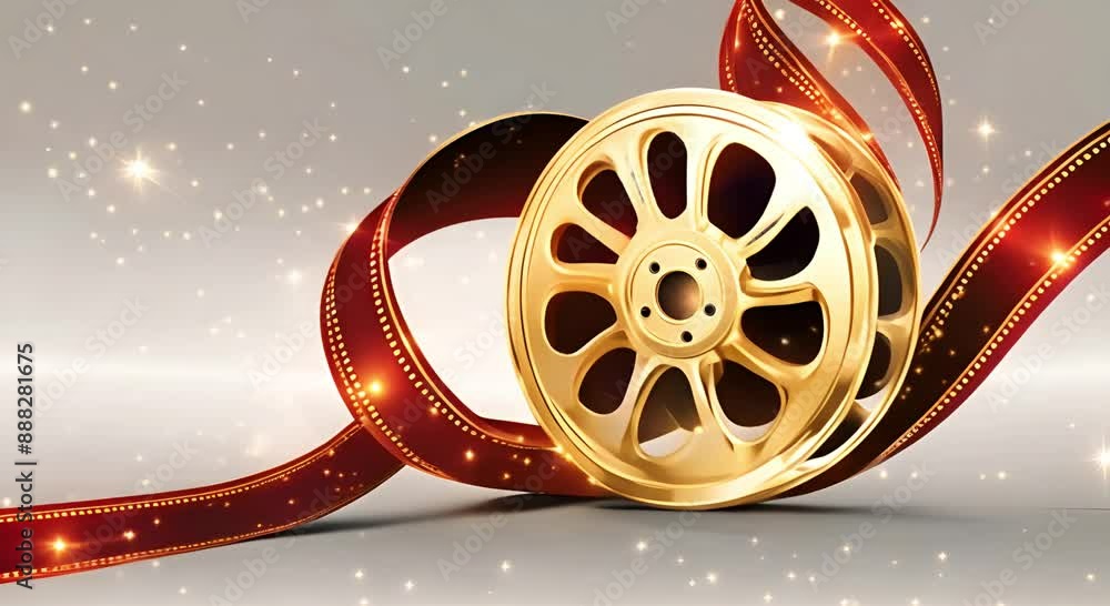 Golden film reel with sparkling background, for luxury movie promotions ...