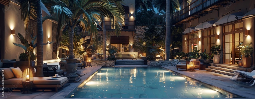 Luxury resort hotel or palace landscaping design with arcade arcs and a ...