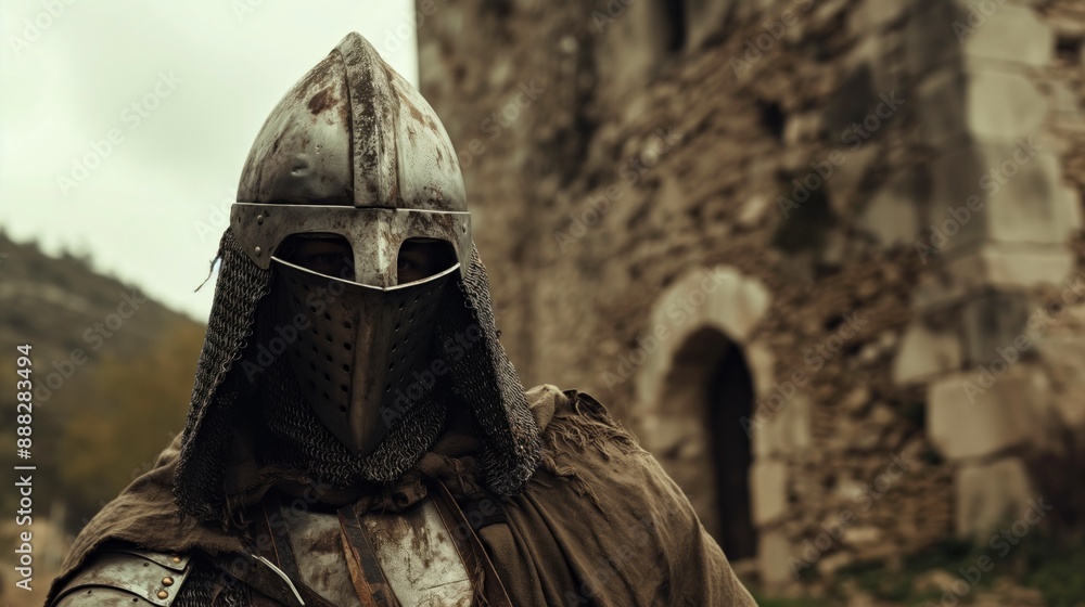 Haunting portrait of a medieval knight in full armor, his gaze firm and ...