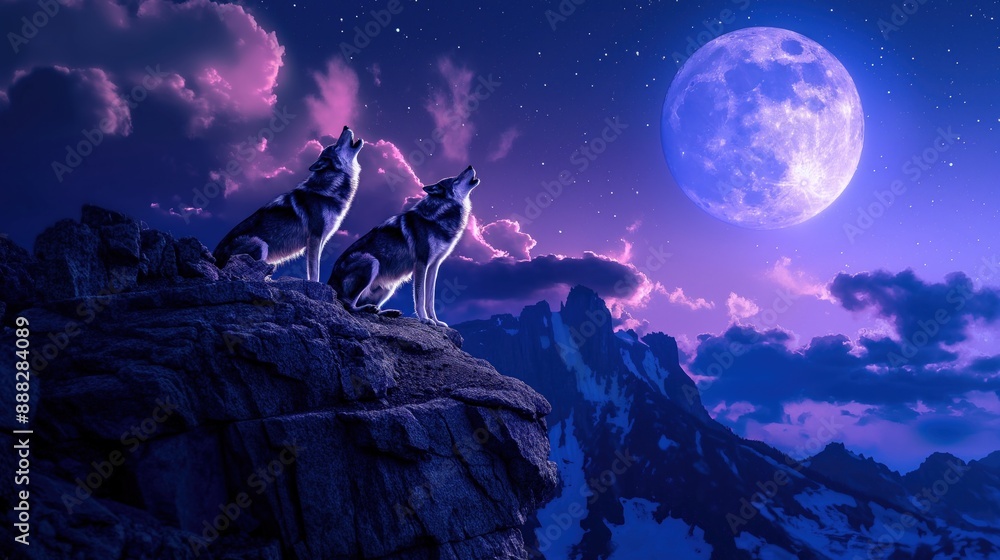 Two wolves howling at the moon, beautiful sky with stars and moon Stock ...
