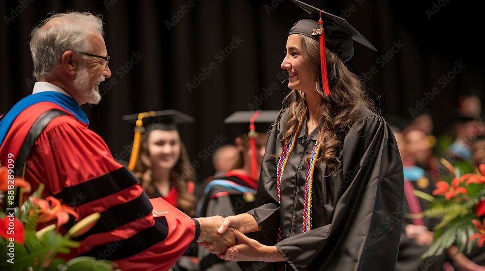 A professor shaking hands with graduates as they receive their diplomas ...