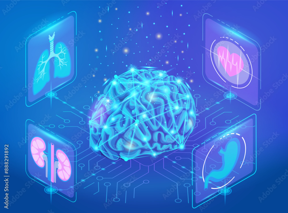 Isometric illustration of control. Brain center controls internal ...