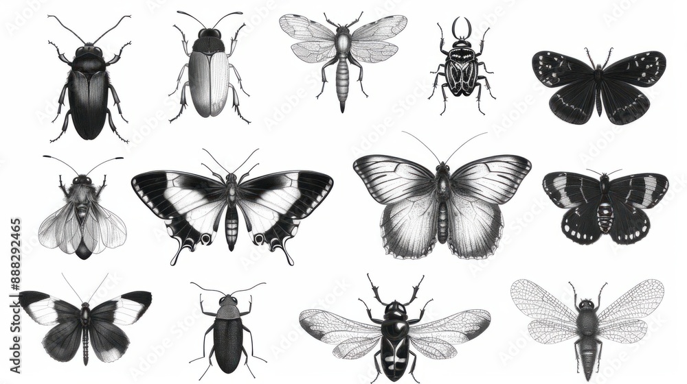 Illustration of various insects in black and white on a white ...