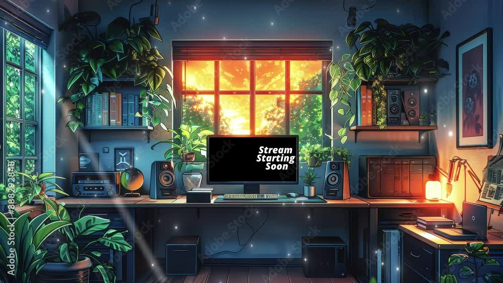Stream Starting Soon title screen Lofi living room with a study table ...