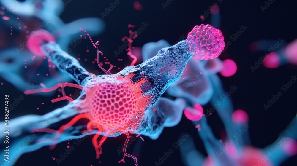 Human cell with augmented reality overlay, 3D model, neon colors ...