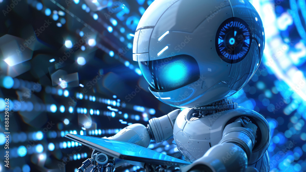 mascot robot with glowing blue eyes hands holding tablet with glowing ...