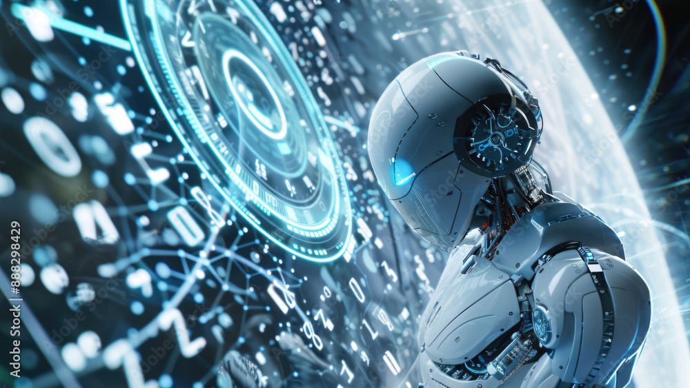 humanoid robot with glowing blue eyes standing, with innovation and ...