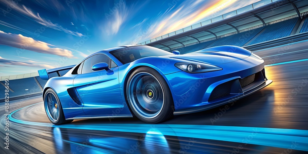 Blue Supercar Speeding on a Racetrack, 3D Rendering, Concept Art, Race ...