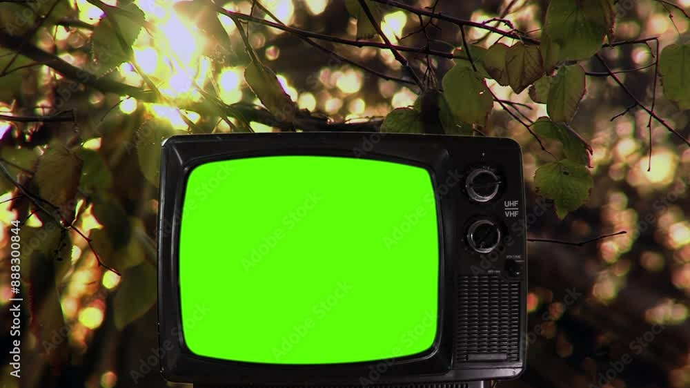 Vintage TV with Green Screen and Sunset Tree Leaves. You can replace ...