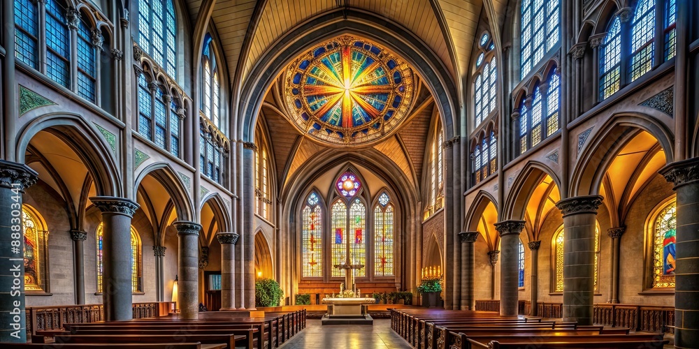 Golden Light Illuminates the Interior of a Grand Cathedral, stained ...