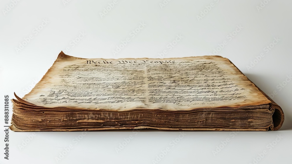 An ancient, worn book with handwritten text, showcasing aged, yellowed ...