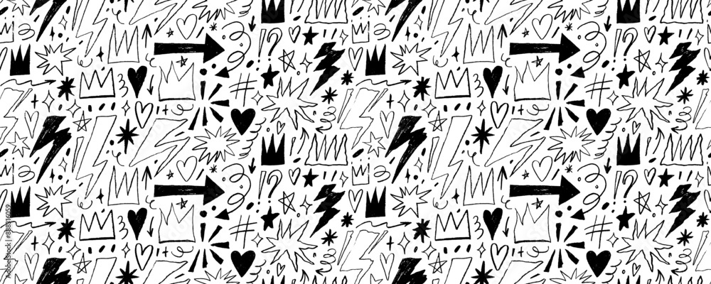 Seamless punk and rock style pattern with hand drawn crowns, arrows and ...