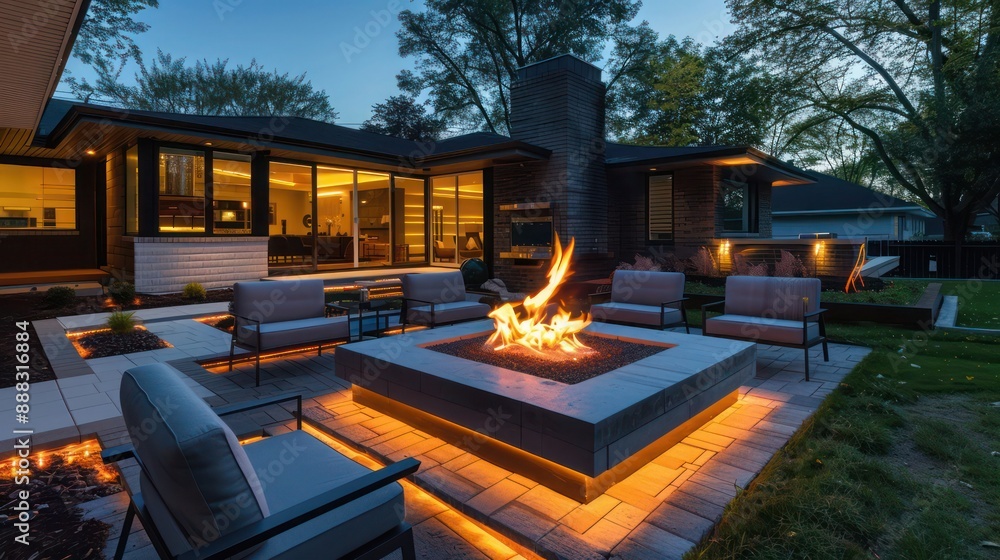 backyard fire pit area of a suburban mid-century modern home, designed ...