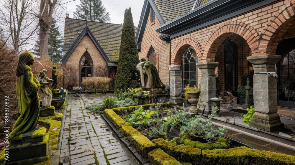 charming suburban home with Gothic revival elements, featuring pointed ...