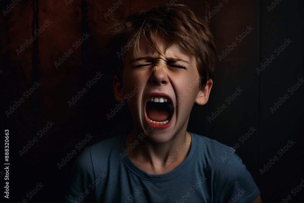 Teen boy screaming in anger on dark background. Teenagers in difficult ...