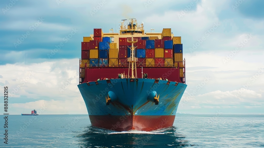 closeup front view of a cargo ship full of colorful containers ...