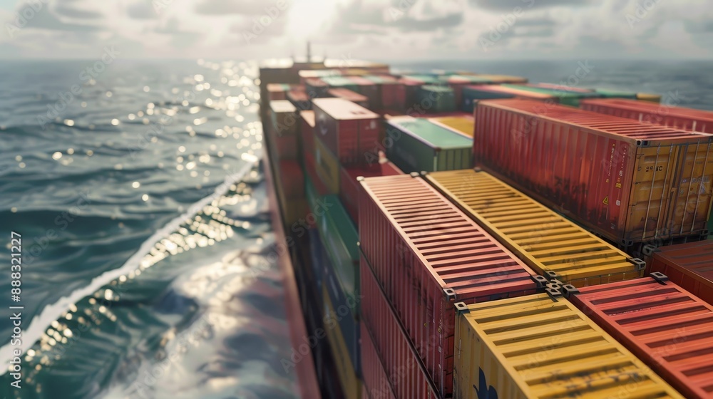 closeup overhead side view of a cargo ship full of colorful containers ...