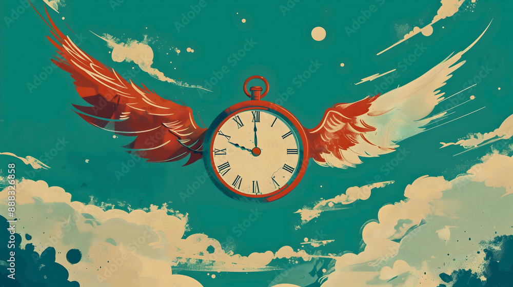 An illustrated clock with angel wings that can fly, featuring a ...