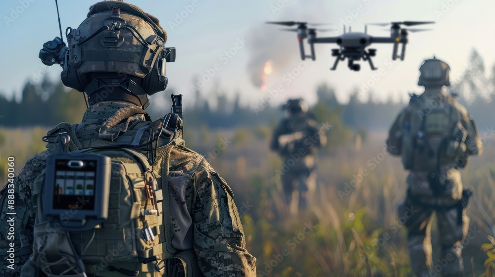 Modern soldiers operations during warfare. Drone operators on the ...