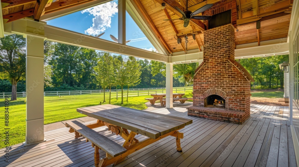 Suburban farmhouse with a large, covered back porch that includes a ...