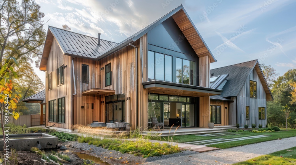 Modern suburban farmhouse with an eco-friendly design, including a ...