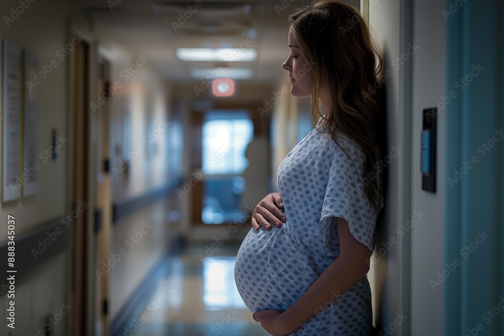 Pregnant woman in hospital gown, standing in corridor, holding belly ...