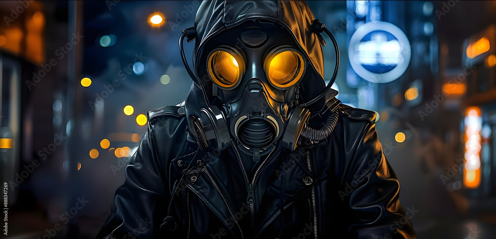 Fictional cyberpunk character in a leather hoodie and gas mask at night ...
