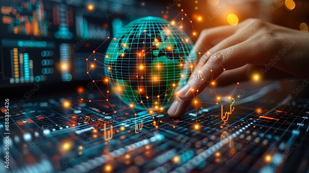 world in Internet of Things showcasing a human hand tapping on a ...