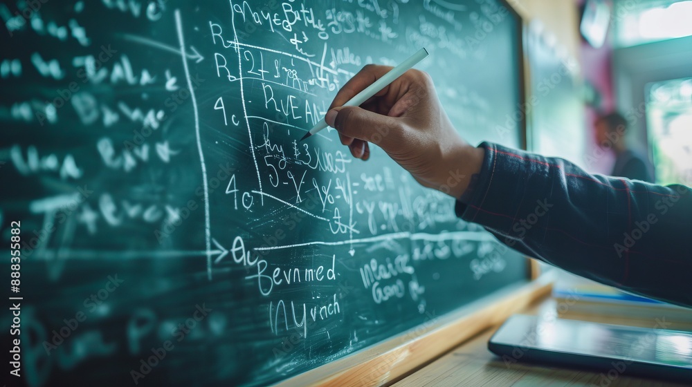 A close-up image of a hand actively writing equations and formulas on a ...