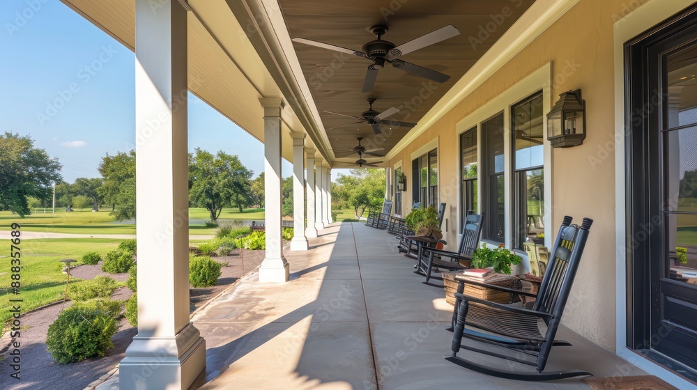 expansive front porch of a suburban farmhouse, equipped with ceiling ...