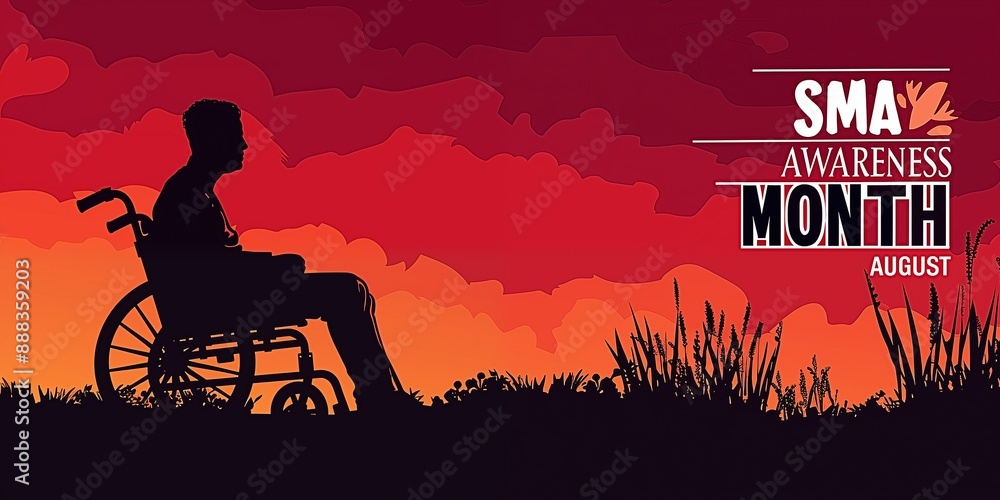 SMA Awareness Month August, silhouette man in wheelchair with spinal ...