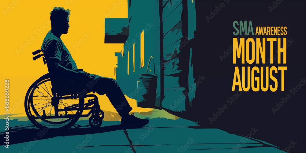 SMA Awareness Month August, silhouette man in wheelchair with spinal ...