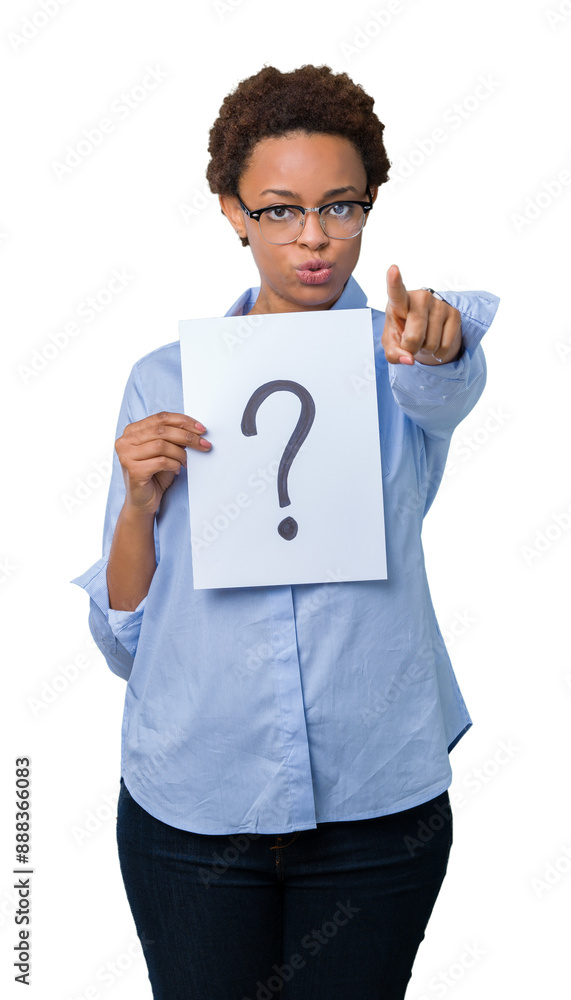 Young african american woman holding paper with question mark over ...