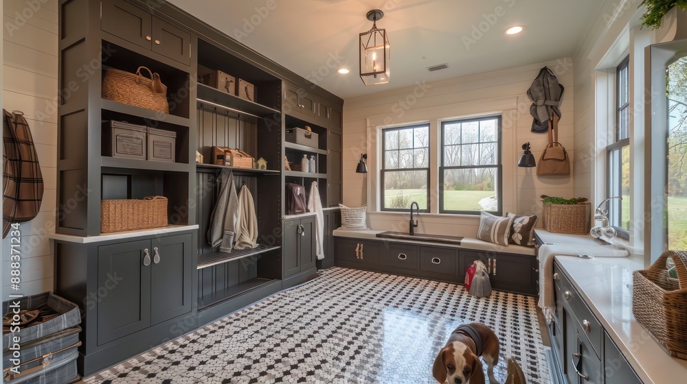 suburban farmhouse with a custom-designed mudroom featuring individual ...