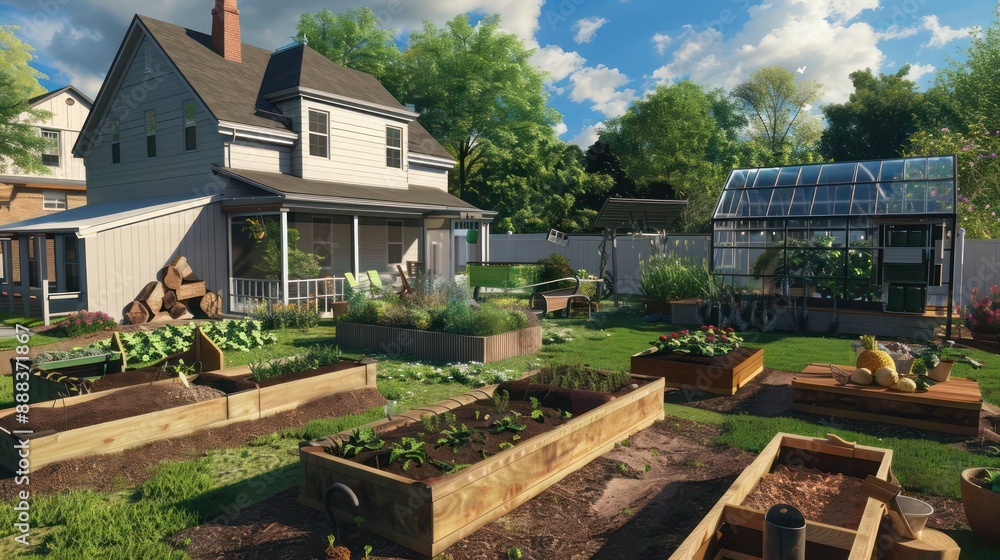 suburban farmhouse with a backyard vegetable garden, raised beds, a ...