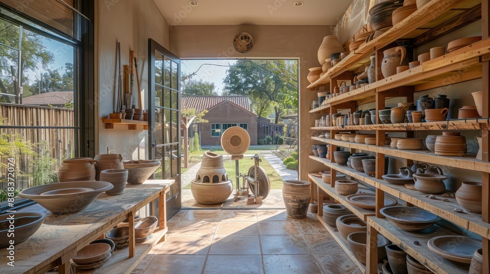 suburban farmhouse with a dedicated pottery studio in the backyard ...