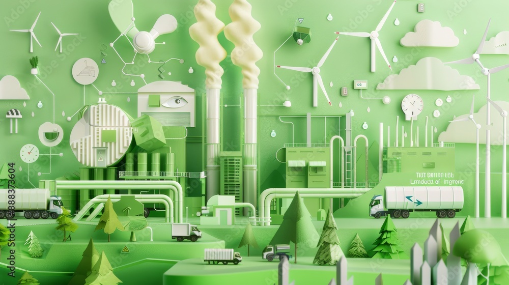 A stylized depiction of a green factory with automated production lines ...