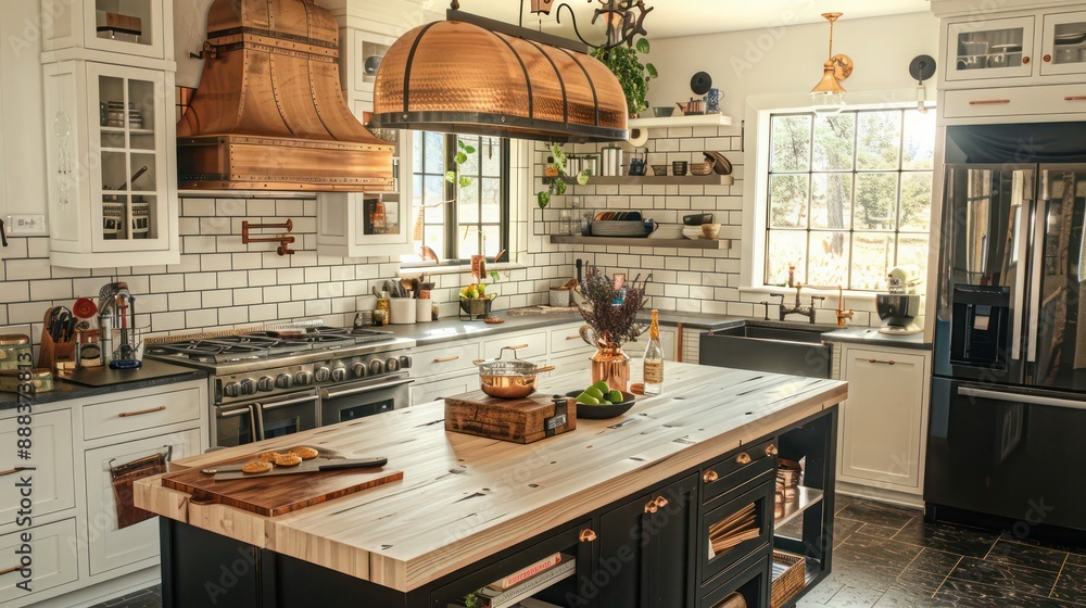 suburban farmhouse kitchen with a rustic charm, featuring a large ...
