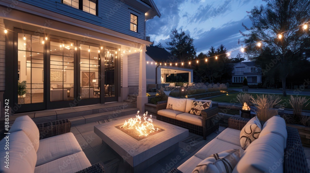 suburban farmhouse featuring a large back patio with a built-in fire ...