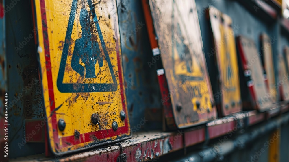 Weathered caution signs with a triangle and exclamation mark ...