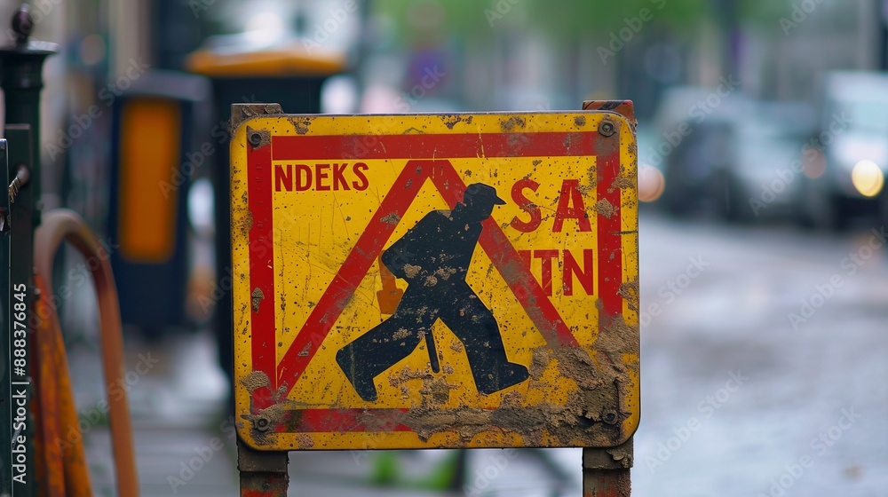 An old and dirty precaution sign depicting a worker with a shovel ...