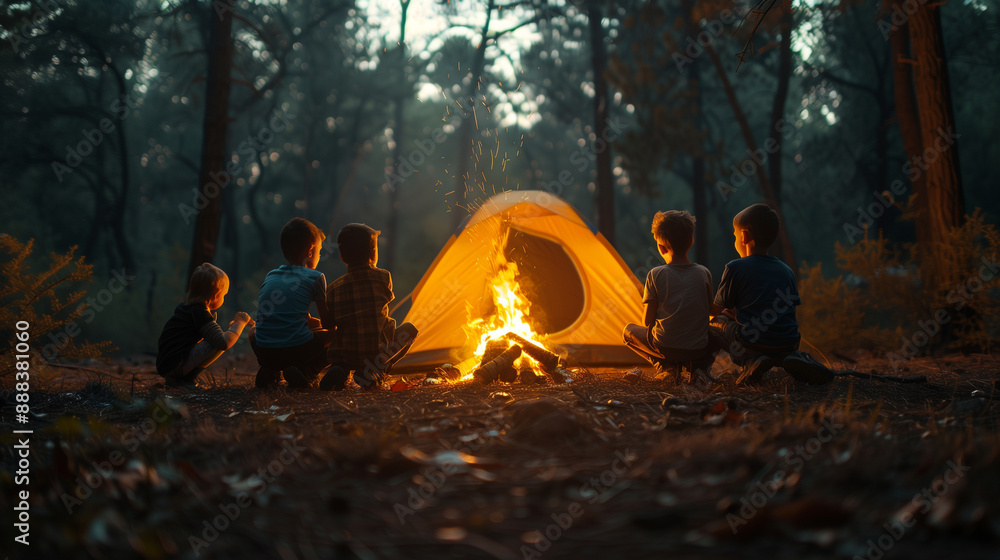 Children Enjoying Night Camping Around Campfire with Glowing Tent in ...
